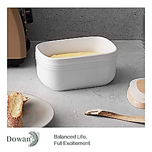 DOWAN Ceramic Butter Dish, Extra Large Butter Keeper for Countertop or Fridge, Airtight Butter Container with Wooden Lid, Farmhouse Kitchen Decor and Accessories, Freezer Safe, White