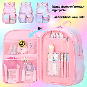 Jcobvig Rainbow Backpack For Girls Kids,Cute Student School Backpack With Pen Bag,Pink Aesthetic Starry Rainbow Laptop Travel Bag (Pink Large 17.5in