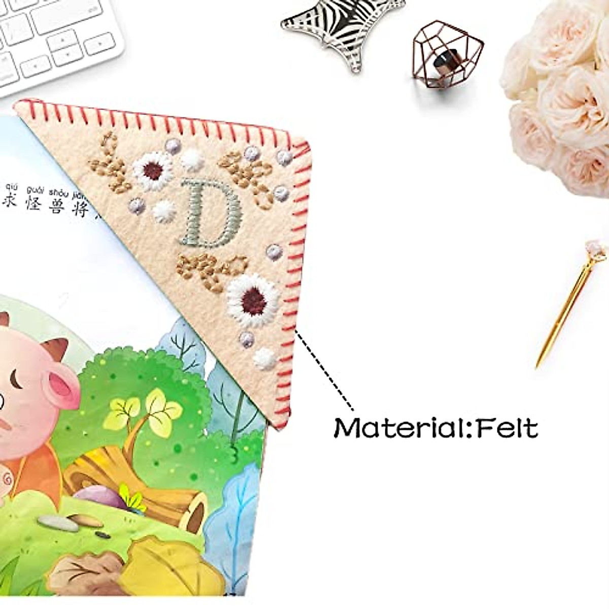 Personalized Hand Embroidered Corner Bookmark, Unique Corner Page Bookmarks for Women Personalized Book Lovers Gifts, 26 Letters Cute Flower Embroidered Funny Felt Book Markers for Reading, Spring D