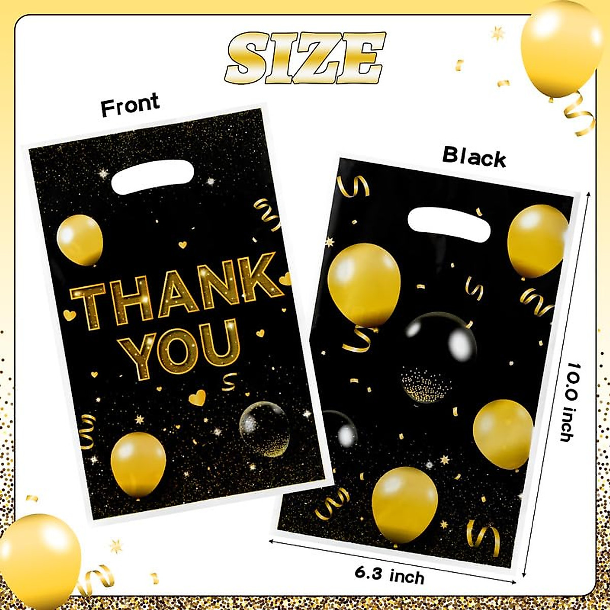 ANGOLIO Birthday Treat Party Bags - 50Pcs Black and Gold Party Favors Bags Print Easter Black Gold Balloon with Handles Plastic Gifts Bags Thank You Birthday Snack Bags Happy Party Favor Supplies