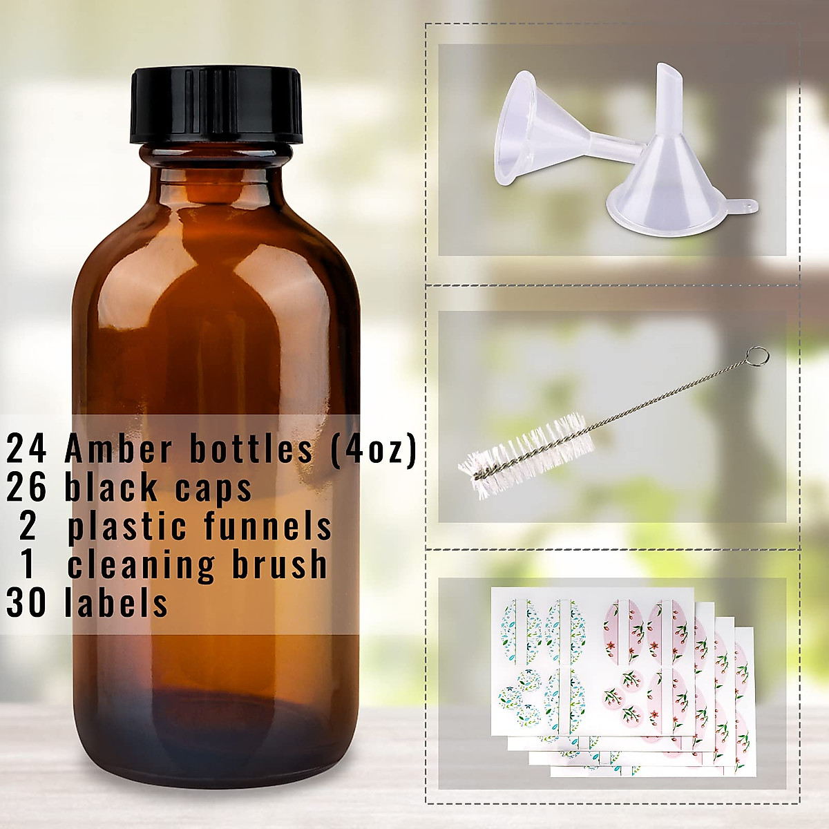 PINIWON 24 Pack 4 oz Amber Glass Bottles, 120ml Boston Round Sample Bottles with Black Poly Cone Caps, Labels, Funnels and Brush