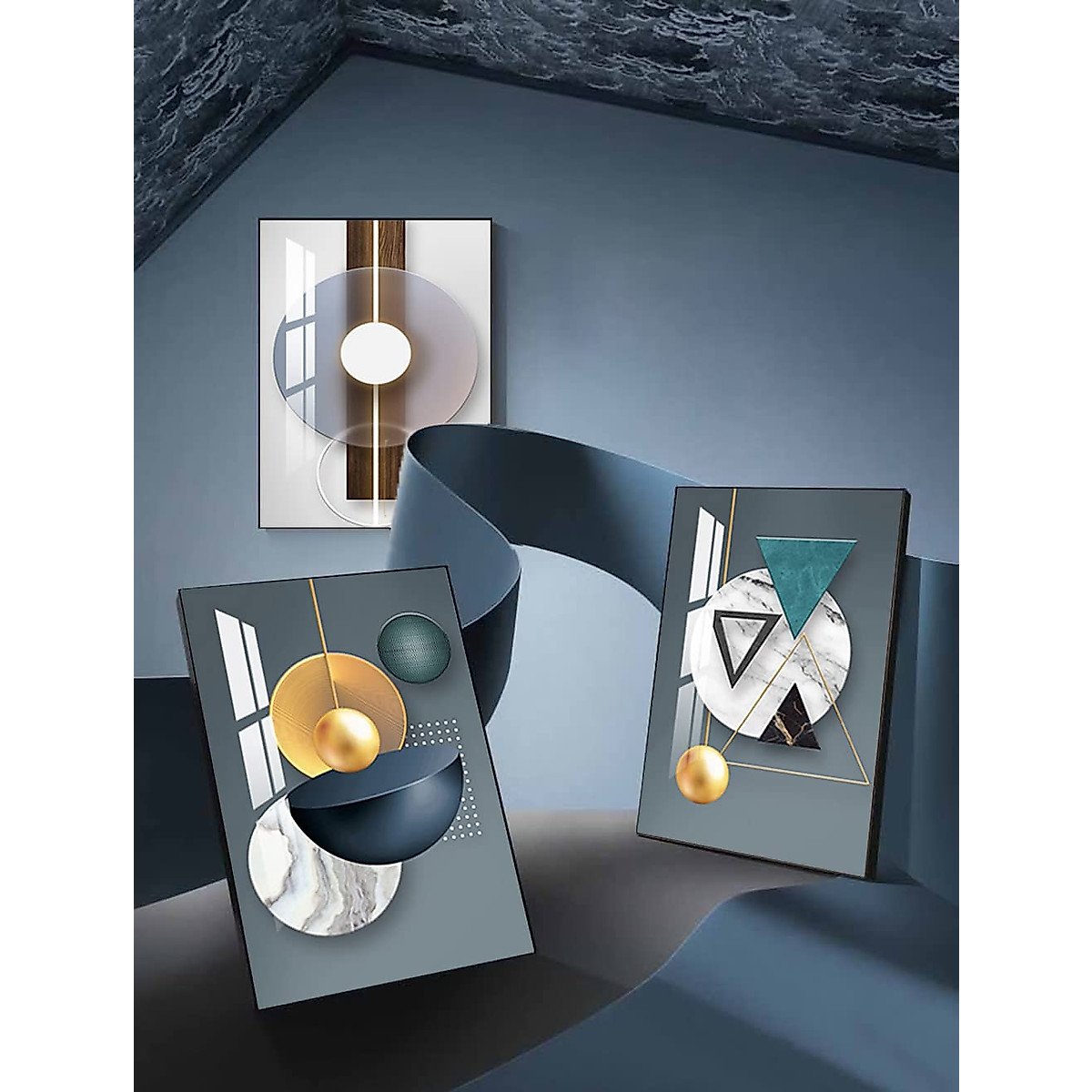 ARTKN 3 Pieces Framed Abstract Geometric Wall Art, Art Shapes Patterns Paintings, Modern Wall Decor Artwork, Large Wall Art for Living Room Bedroom Office(Blue, 16" X 24" X 3 pieces)