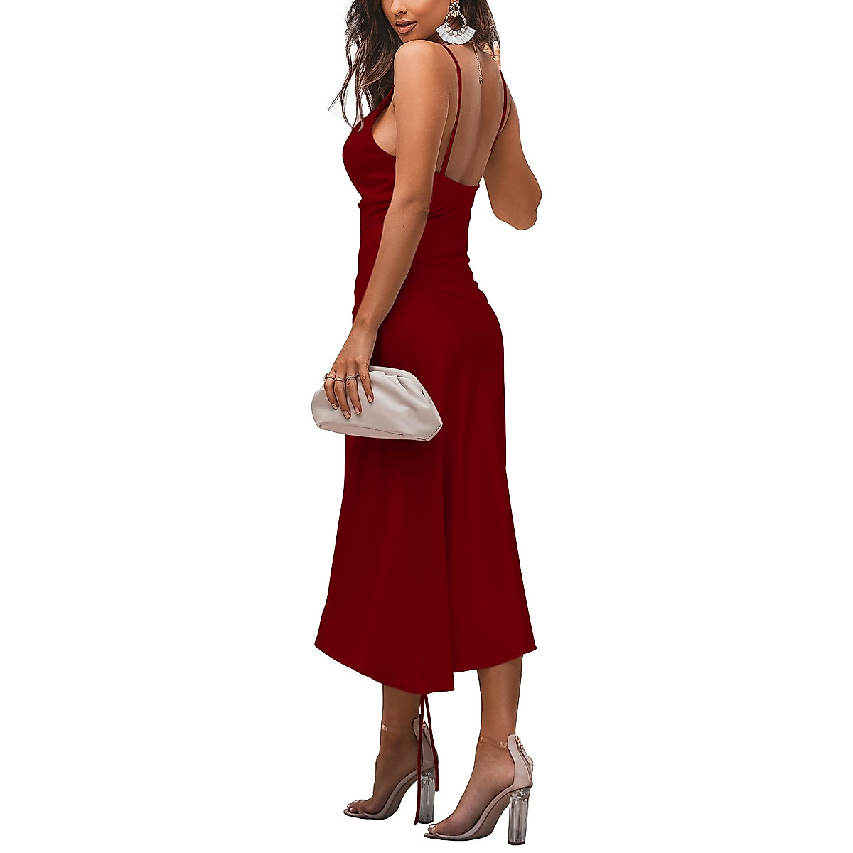 LYANER Women's Satin Spaghetti Straps Sexy Ruch Cowl Neck Cocktail Midi Dresses Wine Red Small