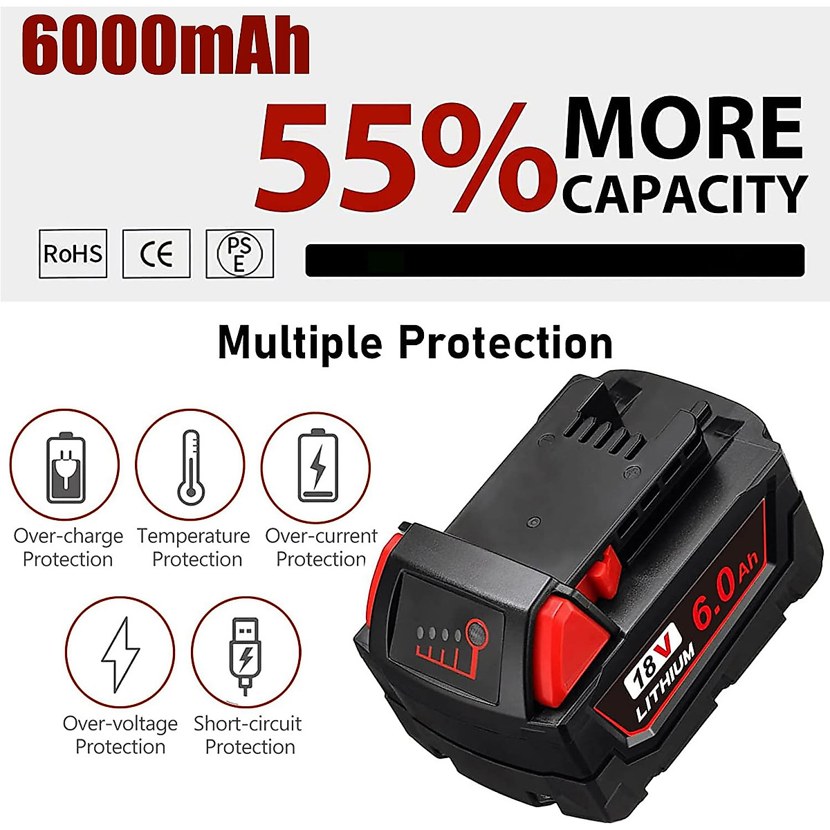 liangjia 2Packs 6.0Ah 18V Lithium-ion Replacement for Milwaukee M -18 Battery Compatible with Milwaukee 18V Tools