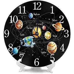 Tenghui Solar System Round Wall Clock Silent Non Ticking Battery Operated Easy to Read for Student Office School Home Decorative Clock Art