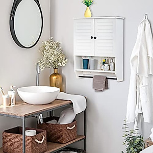 ALIMORDEN Wood Wall Storage Cabinet with Double Shutter Doors, White Bathroom Medicine Cabinet with Towel Bar, White