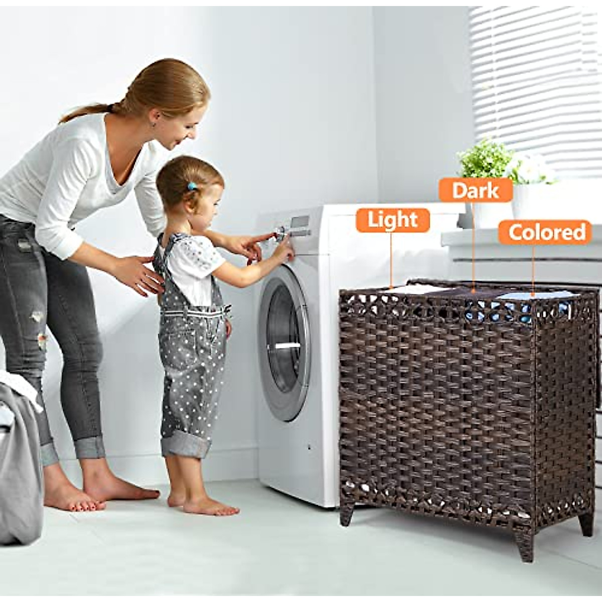 Laundry Hamper with 3 Removable Liner Bags; 132L Handwoven Rattan Laundry Basket with Lid & Heightened Feet; Clothes Hamper with Side Handles; Laundry Sorter with 3 Separate Sections (Brown)