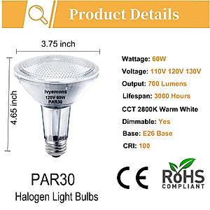 Ivyemons PAR30 Long Neck Halogen 60W 120V - 6 Pack PAR30 Flood Light Bulbs E26 Base, 60W PAR30 Dimmable 2800K Warm White, Long Lasting PAR30 Halogen Bulb for Tracking Light, Recessed Light