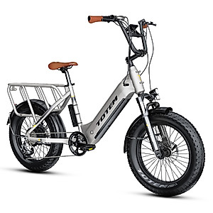 Totem Electric Bike Commuter Cargo-750W Motor Adult Electric Bicycles, 20"×3.0" Fat Tire Cargo Ebike with 48V 15Ah Removable Lithium Battery,Mechanical Locking Suspension Fork-Silver