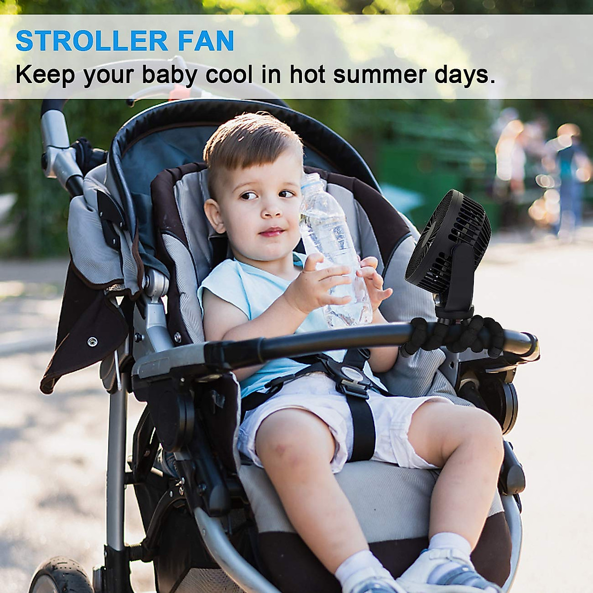Portable Rechargeable Baby Stroller Fan, 5000mAh Battery Operated Tripod Clip on Fan, 20 Hours Work, 3 Speeds, Small USB Handheld Personal Fan, Ideal for Desk, Treadmill, Outdoor, Golf Cart, Car