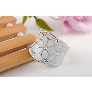 Fashion Month Womens Elegant Enamel Flower White Gold Band Bloom Petal Platinum Wedding Engagement Ring Crystal Inlay Size 8