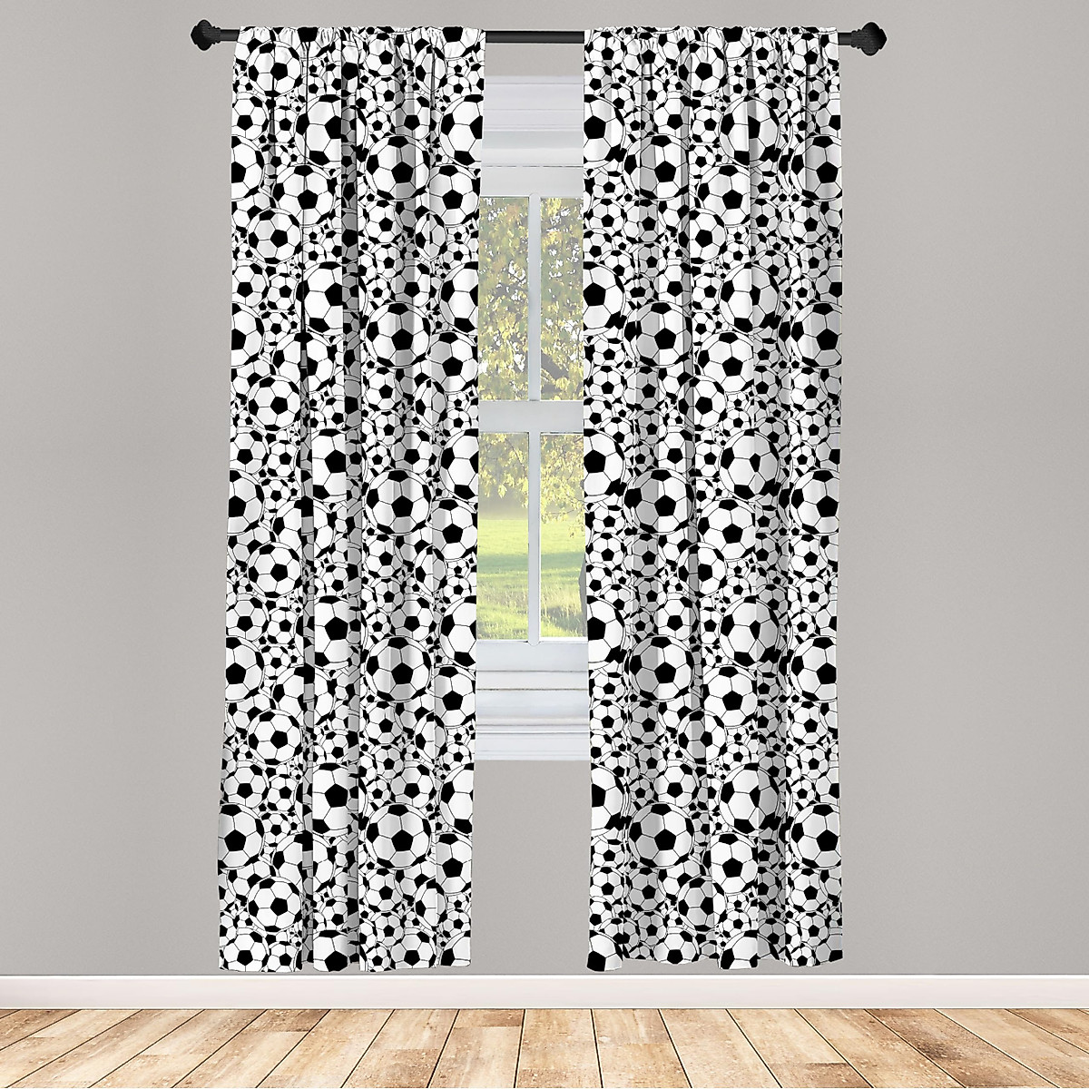 Ambesonne Soccer Curtains, Monochrome Design Pattern of Classical Football Balls Boys Cartoon Pattern, Window Treatments 2 Panel Set for Living Room Bedroom Decor, Pair of - 28" x 95", Charcoal