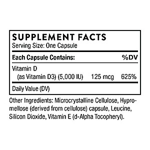 Thorne Vitamin D-5000 - Vitamin D3 Supplement - 5,000 IU - Support Healthy Bones, Teeth, Muscles, Cardiovascular, and Immune Function - NSF Certified for Sport - Dairy-Free, Soy-Free - 60 Capsules