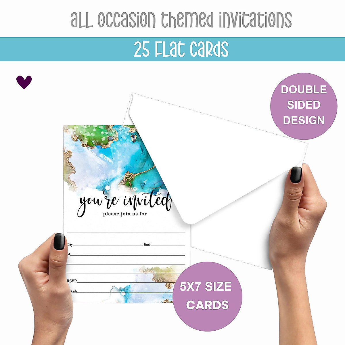 Paper Clever Party Teal and Purple Invitations with Envelopes (25 Pack) - Graduation, Wedding, Bridal Shower, Baby Shower - Elegant Watercolor 5x7 Blank Cards
