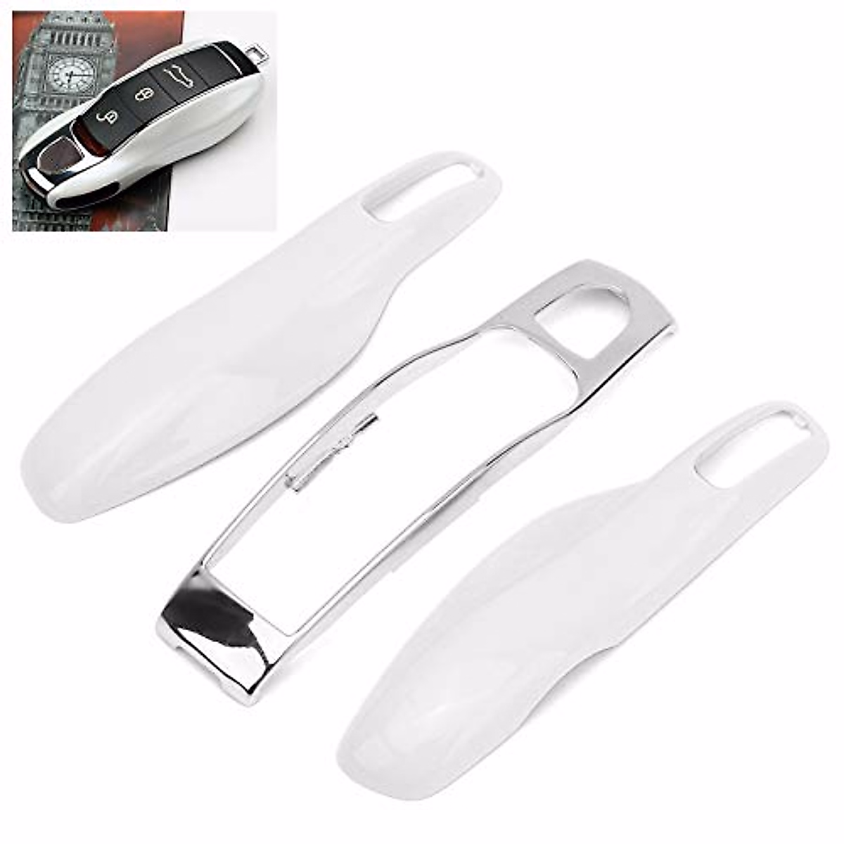 Car Key Case For Porsche 911 Panamera Macan Boxste Key Fob Protector Cover Shell Case Trim Replacement (White + Silver)