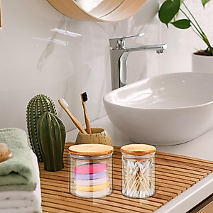 Dandat 6 Pack Glass Apothecary Jars with Lids Bamboo Bathroom Jars Cotton Ball Pad Round Swab Holder Dispenser Vanity Canisters for Countertop Storage Hair Ties Floss Organizer, 8.5 oz and 10.8 oz
