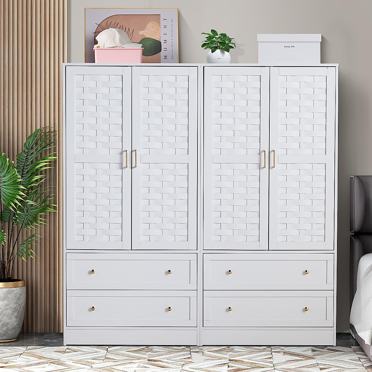 LEVNARY Armoire Wardrobe Closet, White Wardrobe Cabinet with 2 Woven Doors and 2 Storage Drawers, Freestanding Hanging Rail Closet for Bedroom (White)