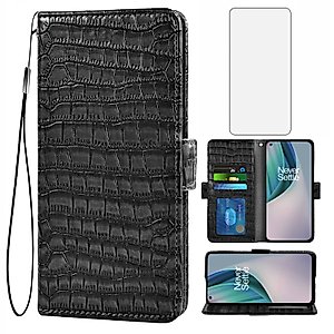 Asuwish Compatible with OnePlus Nord N10 5G Wallet Case with Tempered Glass Screen Protector and Flip Card Holder Stand Cell Phone Cover for One Plus N 10 G5 1 Plus 10N 1plus One+ 1+ N105G Women Black