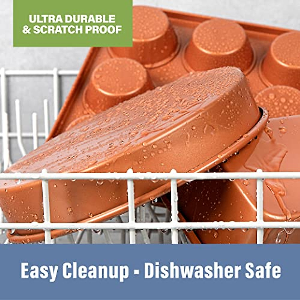 6 Piece Non-Stick Bakeware Set Includes Baking Pans, Cookie Sheet, Loaf Pan, Muffin Tin and more with Premier Ti-Cerama Copper Coating 100% PFOA Free,Graphite