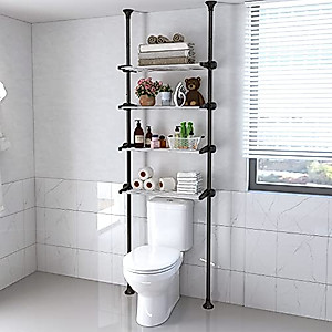Lilyvane 4 Tiers Over The Toilet Storage, 97 to116” Adjustable Tension Pole Over Toilet Bathroom Organizer, Freestanding Bathroom Shelves Over Toilet for Most Showers Over The Toilet Shelf, Black