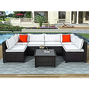 GAOPAN 7 Piece Garden Outdoor Modular Wicker Furniture Set, Sectional Rattan Sofa Patio Lounge & Deep Seating Conversation Furnishings with Cushions,Accent Pillows & Coffee Table, White+Black