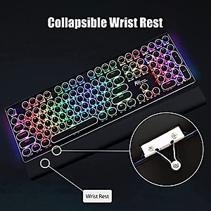 RK ROYAL KLUDGE S108 Typewriter Style Retro Mechanical Gaming Keyboard Wired with True RGB Backlit Collapsible Wrist Rest 108-Key Blue Switches Round Keycap - Black