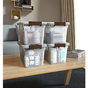 WYT 7-Quart Clear Plastic Storage Latch Box/Bins, 3-Pack Storage Organizer Box with Brown Latching Handle and Lid, 7-Litre