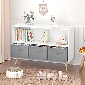 Kids Bookcase and Bookshelf Multi Shelf Cubby with 3 Collapsible Fabric Drawers Kid's Book and Toy Display Rack Toy Storage Cabinet Organizer for Playroom Nursery Children's Room School, White+Grey