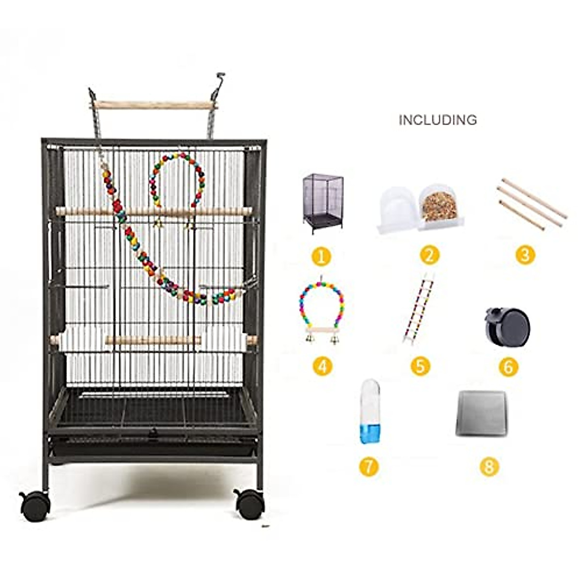 33 Inch Wrought Iron Bird Cage with with Play Open Top and Rolling Stand for Mid-Sized Parrots Cockatiels Sun Parakeets Green Cheek Conures (White)