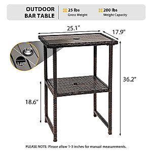 Sundale Outdoor Bar Table, Patio 36" Height Wicker Pub Counter with Umbrella Hole, All Weather High Top Bistro Table for Outside Deck Porch Balcony Poolside, Variegated Brown