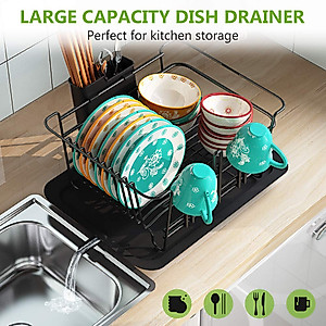 1Easylife Dish Drying Rack, Dish Drainer for Kitchen Rustproof Dish Rack and Drainboard Set with Removable Utensil Holder and Adjustable Swivel Spout, Countertop or in Sink Dry Rack (Black)