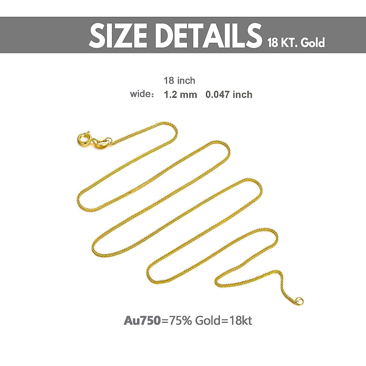 SISGEM Solid 18K Gold Chain Necklace for Women, Yellow Gold Spiga Wheat Durable Chain Necklace Jewelry for Her, Mom 1.2mm, 18"