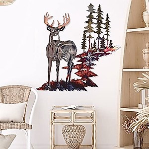 Forest Tree Deer Wall Art Metal Rustic Hunting Decor for Living Room Bedroom Bathroom Indoor Outdoor, 11.8 x 7.9 Inch (Bright Color)