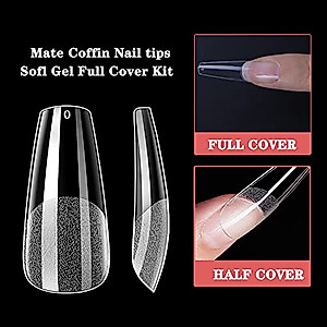 MAGIC ARMOR Coffin Gel Nail Tips - 120pcs Half Matte Long Coffin False Nails Tips Clear Acrylic Nails Coffin Shaped Ballerina Nails Tips Press On Nails Soft Gel Full Cover Coffin Nails Tips with Nail Glue for DIY Nail Extensions,12 size