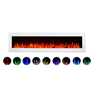 GMHome 50 Inches Wall Mounted Electric Fireplace Freestanding Heater Crystal Stone Flame Effect 9 Changeable Flame Color Fireplace, with Remote, 1500W – Metal Panel, White