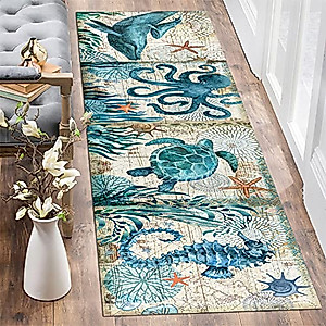 GUBIYU Ocean Animal Area Rug Tropical Beach Sea Turtle Octopus Rug Teal Non Slip Beach Bathroom Rug Coastal Runner Rug Washable Kitchen Rug Mat for Living Dining Dorm Room Bedroom Home Decor 23.6"x59"