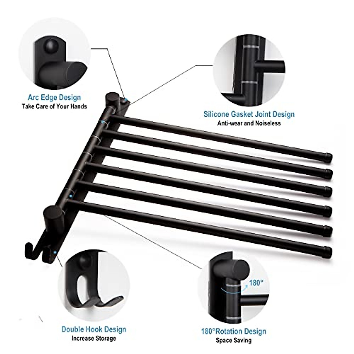 SCDGRW Swivel Towel bar Stainless Steel Bathroom Swing Towel Rack with Hook- Wall Mounted Towel Holder Storage Organizer for Bathroom Kitchen