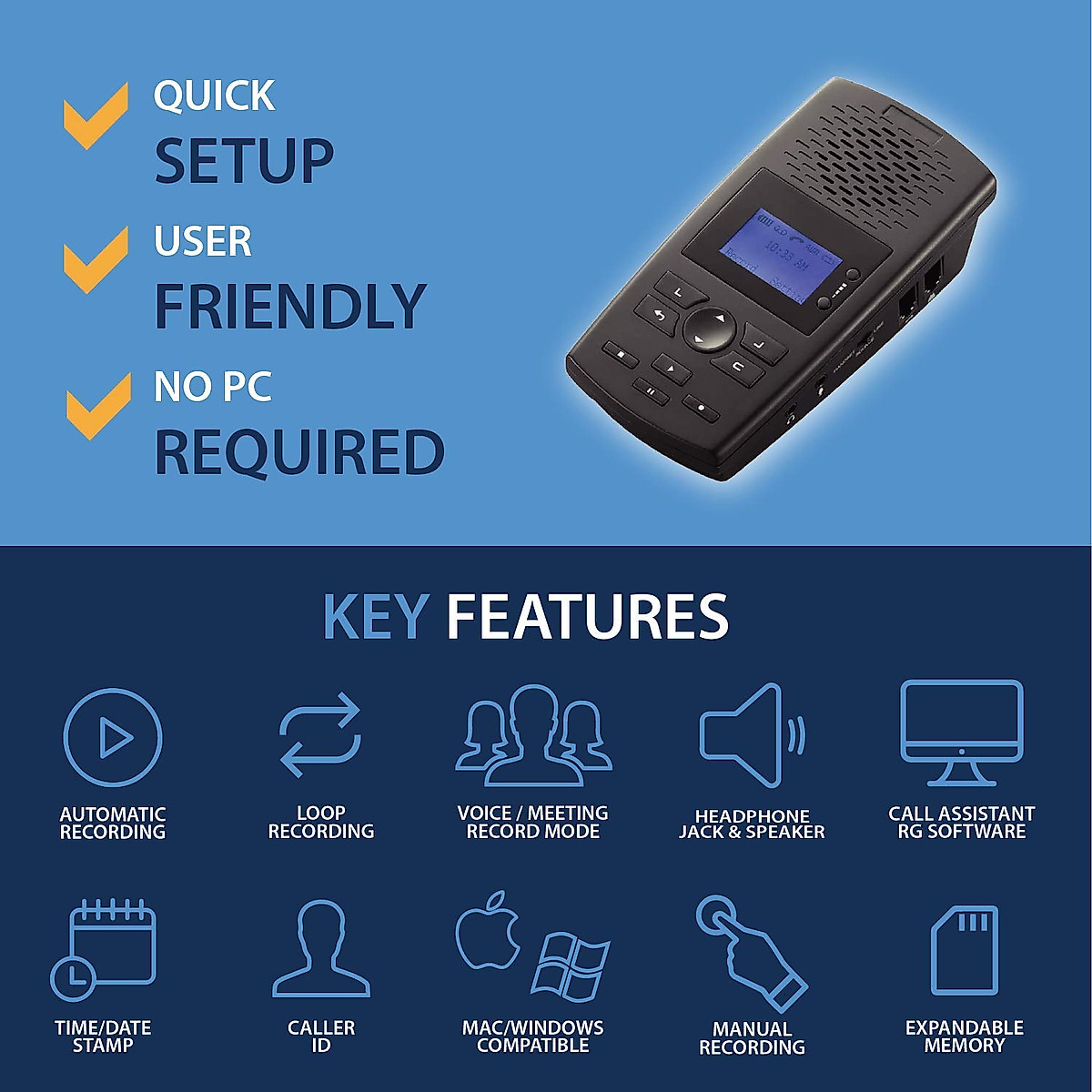 RecorderGear TR600 Landline Phone Call Recorder for Analog/IP/Digital Lines, Automatic Telephone Recording Device - 16GB