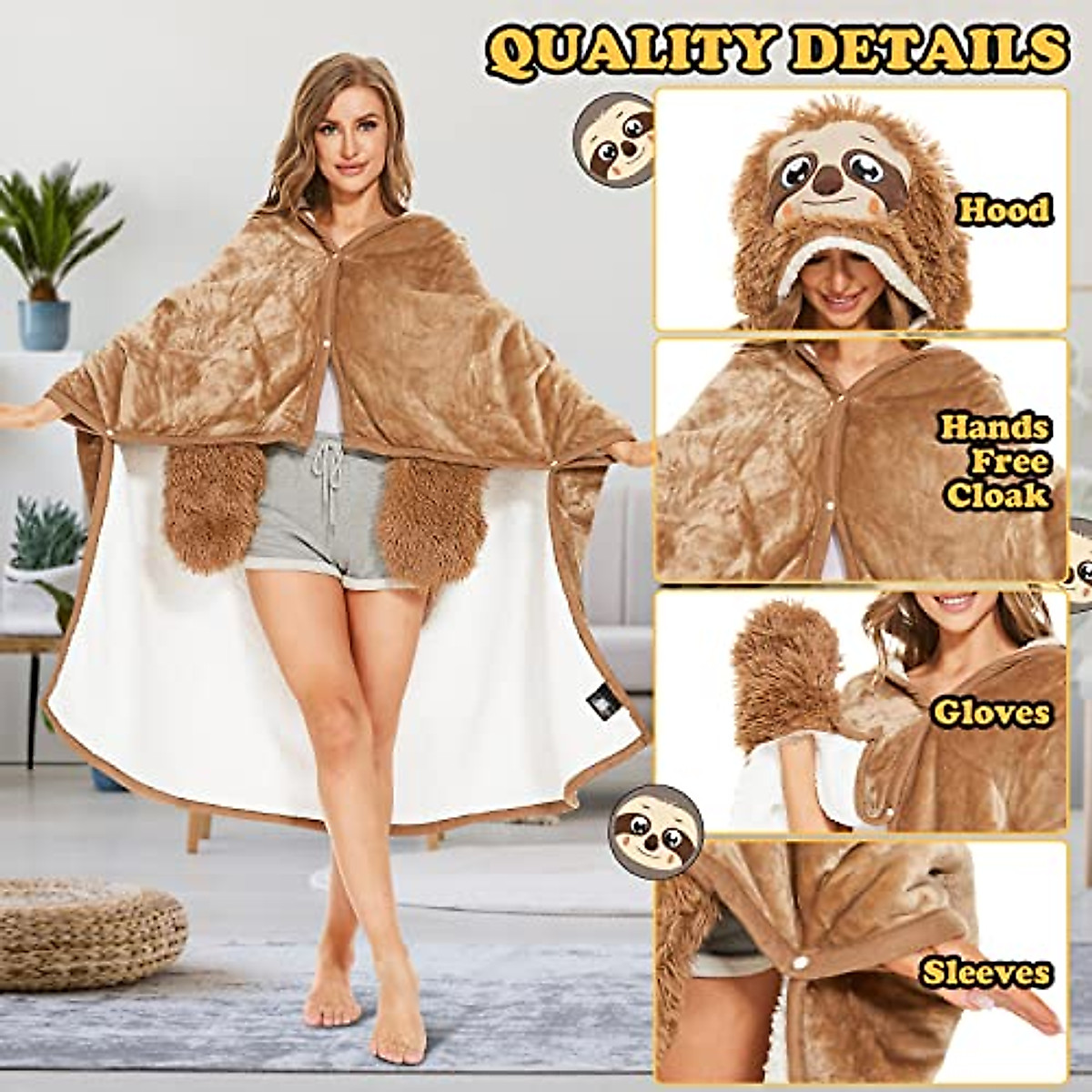 THREE POODLE Sloth Wearable Hooded Blanket Sloth Gifts for Adults Women Kids, Warm and Cozy Wearable Sloth Blanket Hoodie, Premium Sloth Bedding Sloth Throws