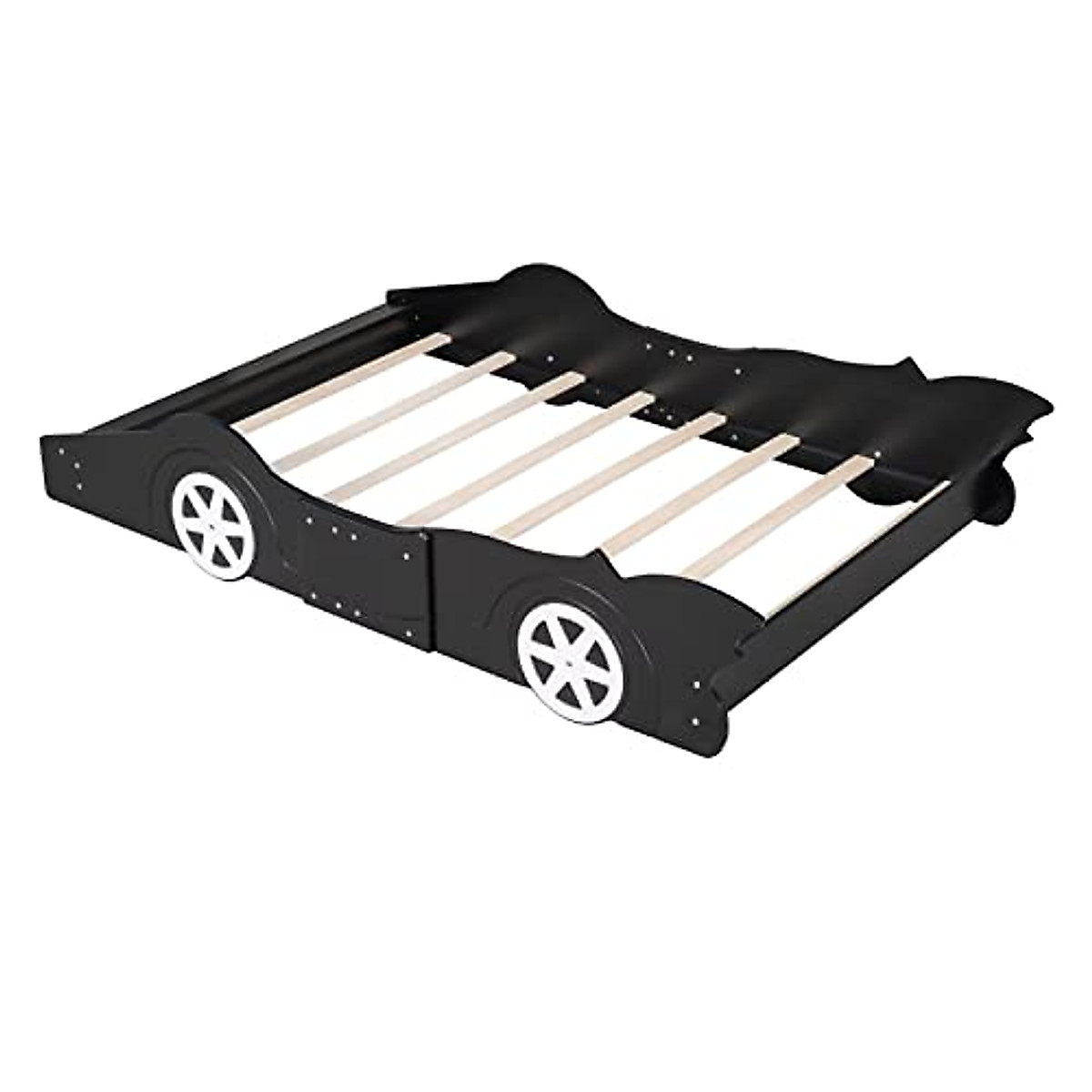 Zaboro Full Size Race Car-Shaped Platform Bed for Children, Solid Wood Bed Frame with Safety Rails and Wheels, Modern Low Bed with Sturdy Slats Support for Boys and Girls, No Box Spring Needed, Black