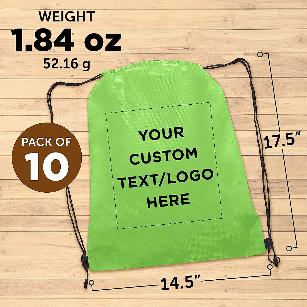 Personalized Drawstring Durable Backpack Non-Woven - 100 Pack - Customizable Text -Sports Back Pack Perfect For Training and Gym - Strong 80 GSM Polypropylene Material - 24 inches Rope String - Lime Green