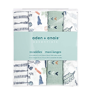 aden + anais Essentials Swaddle Blanket, Muslin Blankets for Girls & Boys, Baby Receiving Swaddles, Newborn Gifts, Infant Shower Items, Wearable Swaddling Set, 4 Pk, Dinotime