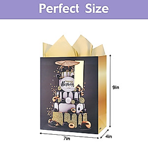 lilymelon 4 Pack 9" Happy Birthday Gift Bags For Birthday Party With Tissue Paper (Black/Gold)