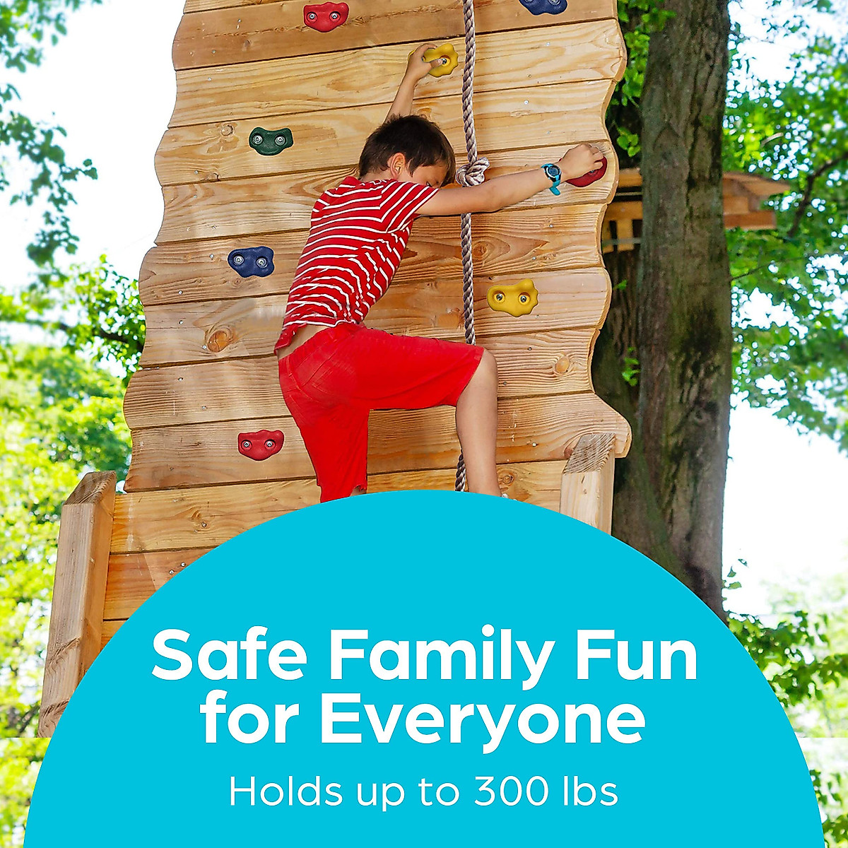 Jungle Gym Kingdom Rock Climbing Holds for Kids - Indoor & Outdoor Rock Wall Climbing Kit with Mounting Hardware, Knotted Rope and 25 Handles - Playground Accessories﻿