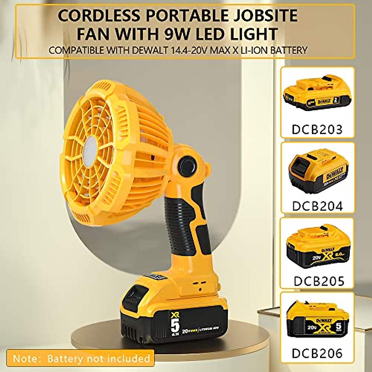 WaxPar For Dewalt Fan Cordless Jobsite Fan, USB Floor Fan Industrial fan with Light Compatible with Dewalt 14.4-20V Li-Ion Battery, Remote, 3 Wind/Brightness Modes, Timer
