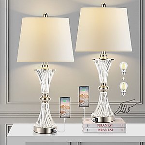 Touch Control Table Lamp for Bedrooms 3 Way Dimmable White Drum Shade Modern Bedsides Nightstand lamp Set of 2 with 2 USB Charging Port(Bulbs Included)