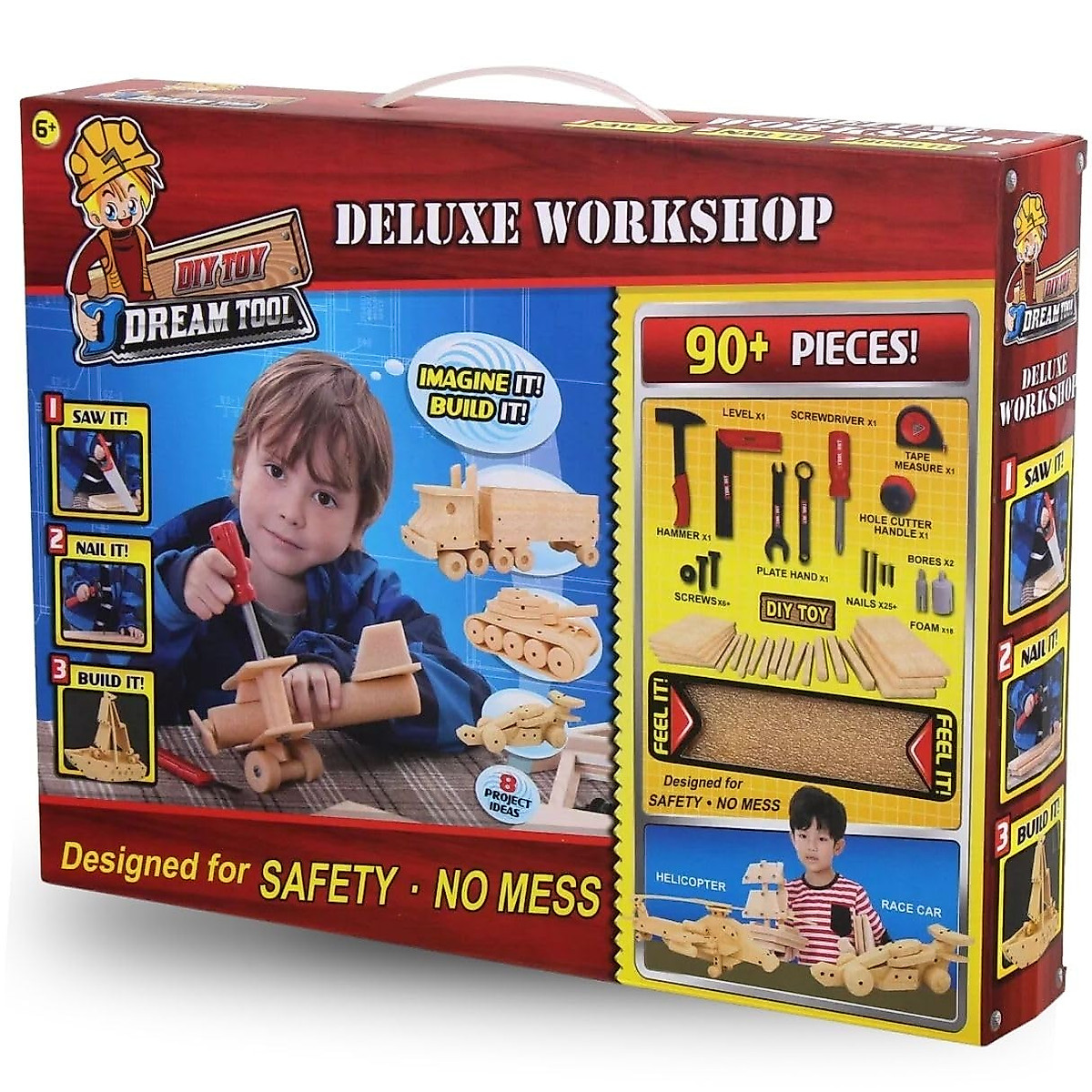 Real Construction Deluxe Workshop – 90 Piece Kids Tool Playset for Teaching Carpentry and Engineering with 8 Project Plans, Safe Faux Foam Wood, and Realistic Tools for Creative Building Fun