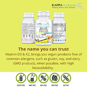 KAPPA NUTRITION Vitamin D3 + K2 Supplement with MCT Oil (Coconut Oil) (5000iu) Vitamin D with 100mcg Mk7 Vitamin K, Supports Calcium for Stronger Bones & Immune Health, 120 Vegan Capsules for Adults