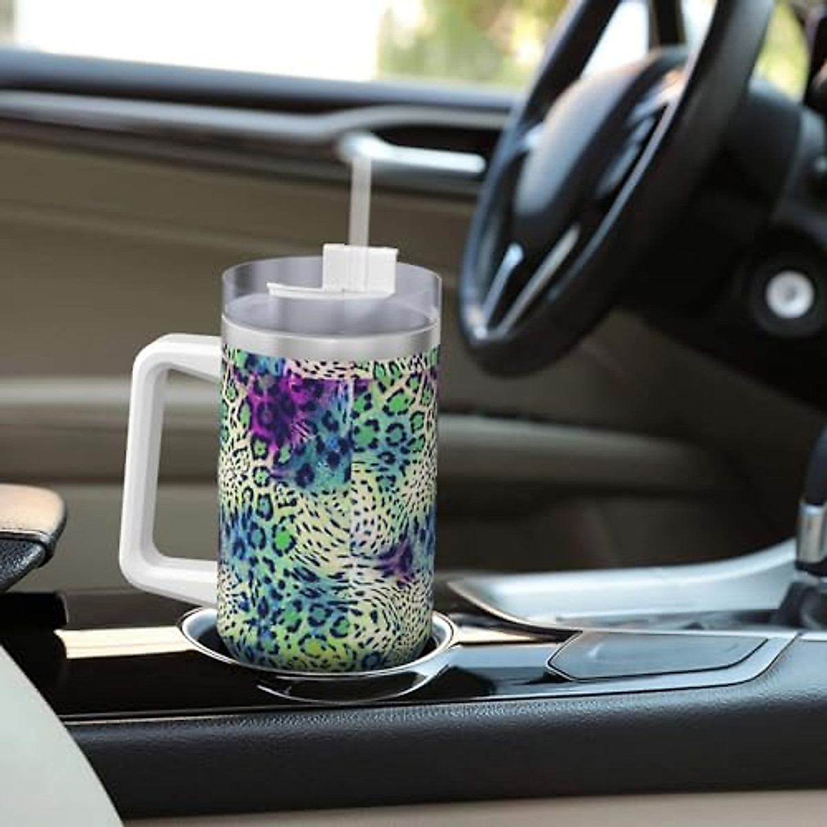 HULIBIN Green Leopard Print Double Deck Stainless Steel Travel Coffee Cup With Lid 40 Oz Ice Bully Cup