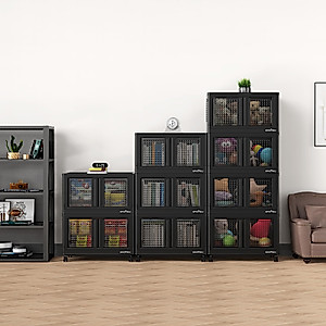 BROVIEW 320Qt Stackable Storage Bins with Lids, 80Gal Plastic Collapsible Storage Bins with Doors and Wheels, Closet Organizers and Storage, Black Folding Storage Cabinet for Home Garage, 4 Pack Cube